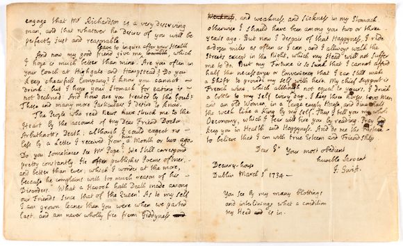 Bonhams : SWIFT, JONATHAN. 1667-1745. Autograph Letter Signed ("J: Swift"),
