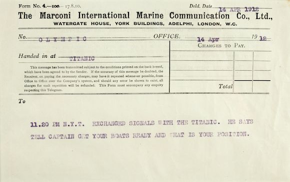 Bonhams : [TITANIC] A Marconi message from R.M.S. Titanic to R.M.S ...