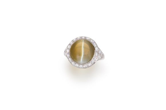Bonhams : A cat's eye chrysoberyl and diamond ring, J.E. Caldwell