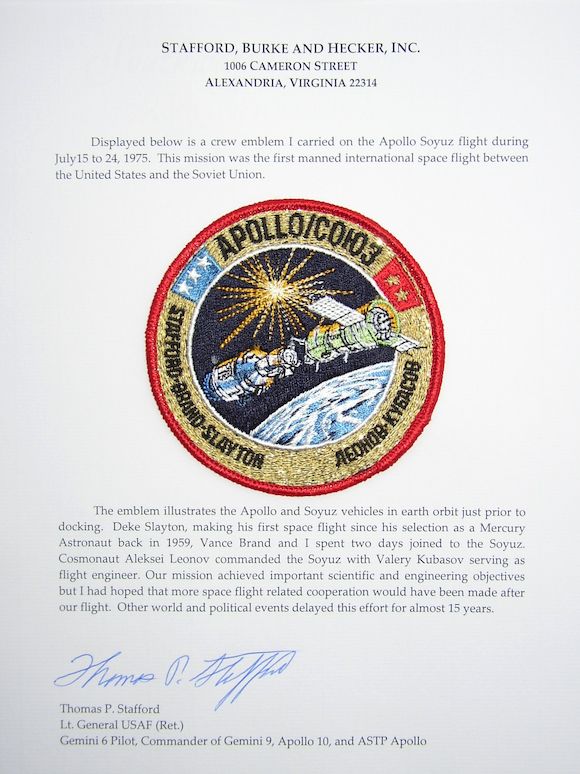 Bonhams : STAFFORD'S ASTP CREW EMBLEMFLOWN. Flown cloth Apollo Soyuz ...