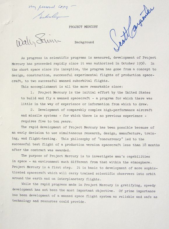 Bonhams : COOPER'S PROJECT MERCURY: 1958-1961—SIGNED. "Project Mercury ...