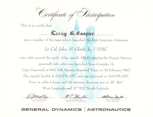 Bonhams : COOPER'S CERTIFICATE FOR GLENN'S LAUNCH. "Certificate of ...
