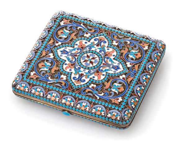 Bonhams : A silver gilt and enamel cigarette casemaker's mark NA in Cyrillic for Nikolai ...