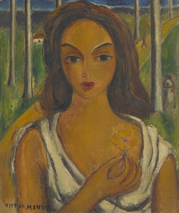 Bonhams : Victor Manuel (1897-1969) Portrait of a woman holding a ...