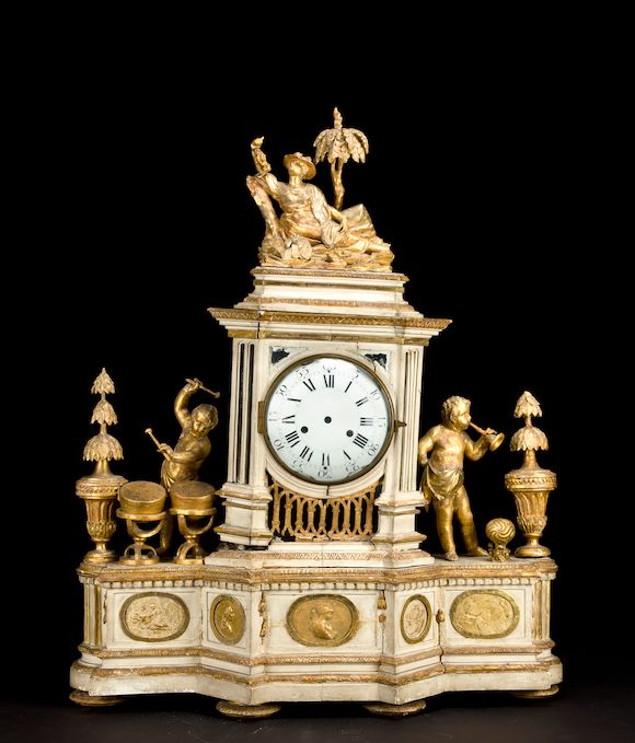 Bonhams : A Neoclassical parcel gilt and white painted figural clock ...