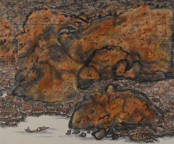 Bonhams : Mo Shihui (Hugh Moss, 20th century) Village Beneath Mountains