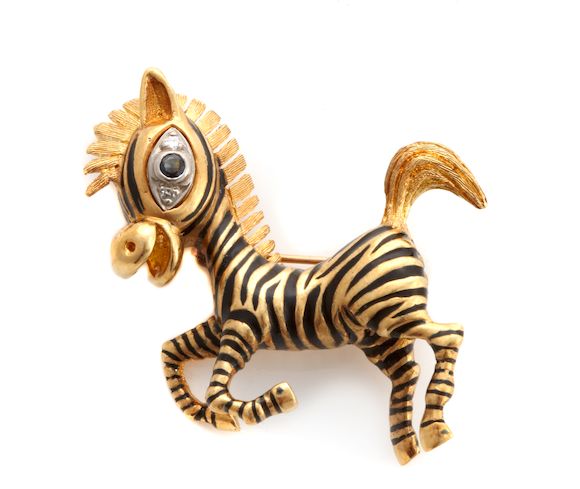 Bonhams : An enamel, gem-set and 18k gold zebra brooch