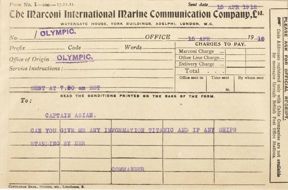 Bonhams : TITANIC DISASTER—MARCONI MESSAGE #10. Typed Marconi message ...
