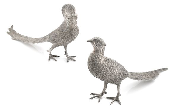 Bonhams : A pair of Mexican sterling silver figures of pheasants Sterki,