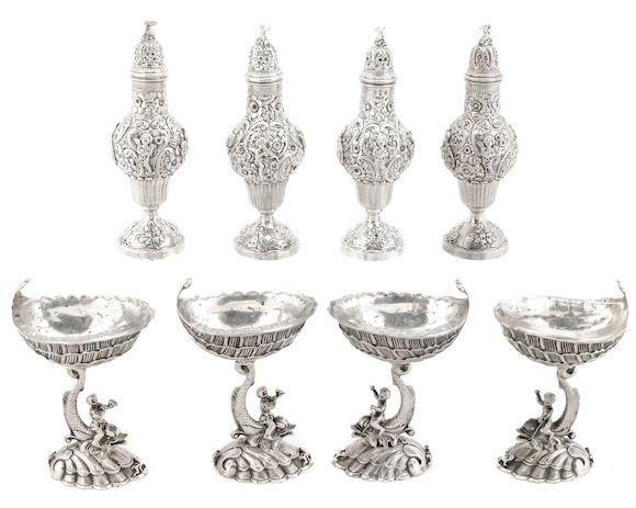 Bonhams : An assembled set of eight German silver casters and salt ...