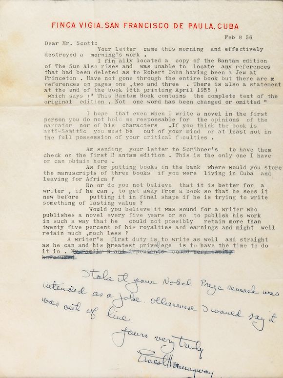 Bonhams : HEMINGWAY, ERNEST. 1899-1961. Typed Letter Signed ("Ernest ...