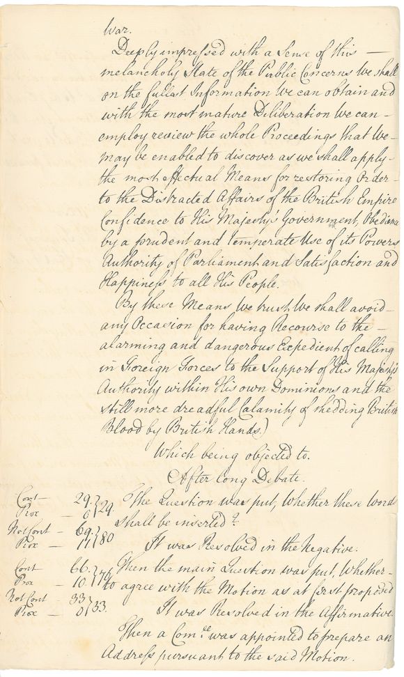 Bonhams : REVOLUTIONARY WARBRITISH HOUSE OF LORDS. Manuscript on paper ...