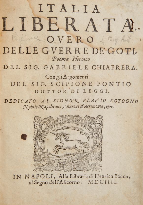 Bonhams : CHIABRERA, GABRIELLO. 1552-1638. Italia liberata, overo delle ...