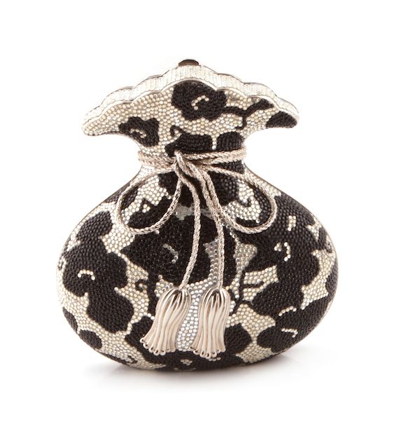 Bonhams : A Judith Leiber silver and black crystal money bag minaudière
