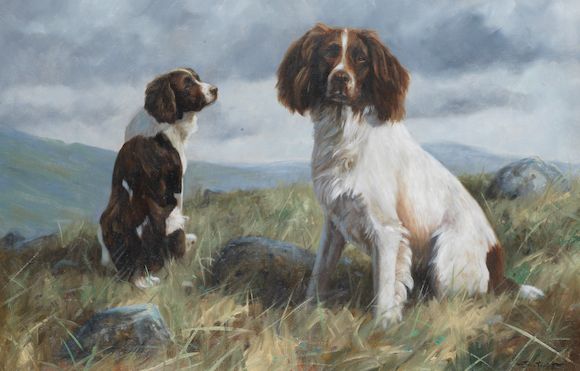 Bonhams : John Trickett (British, born 1952) Spaniels on a moor 20 x 30 ...