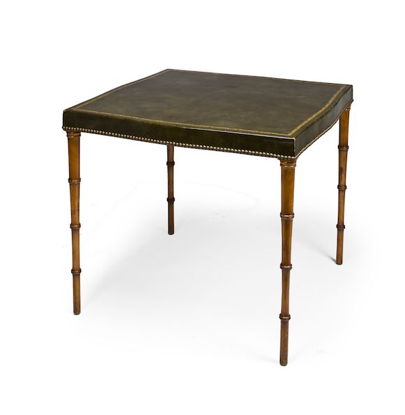 Bonhams : A Continental faux bamboo games table with green leather top