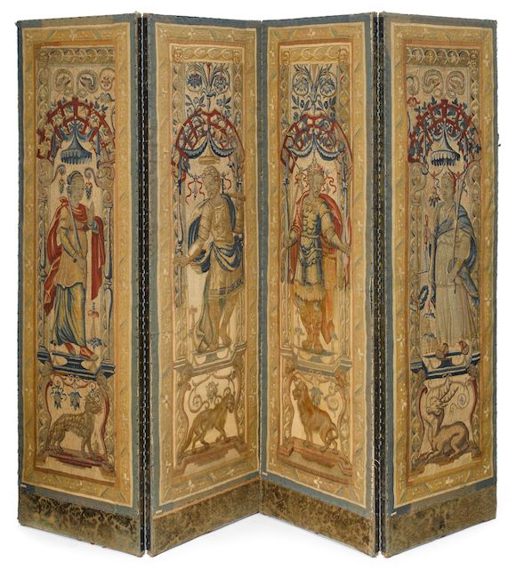 Bonhams : A good pair of French Baroque tapestry mounted two fold floor ...