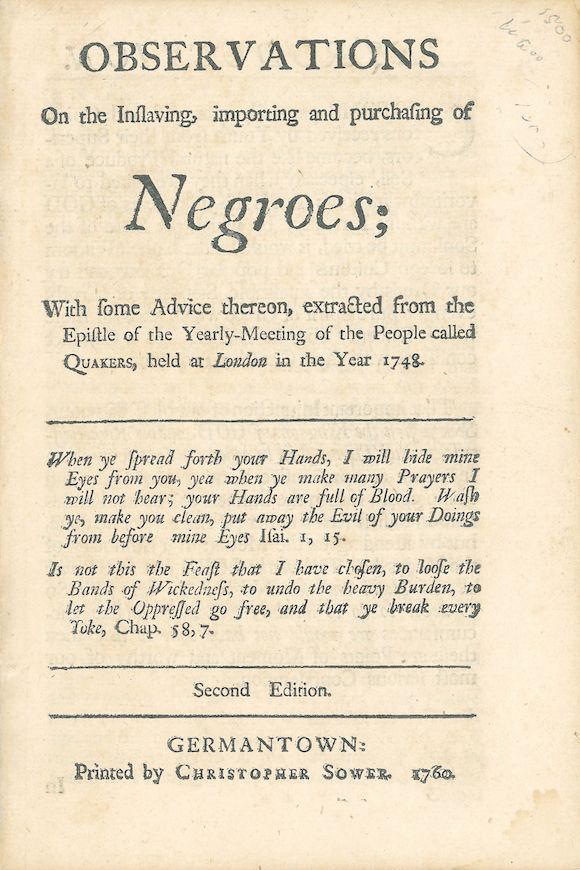 Bonhams : ABOLITION. BENEZET, ANTHONY. 1713-1784. Observations on the ...