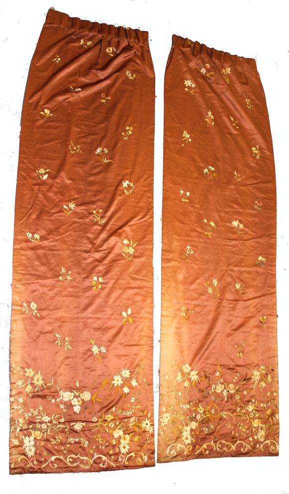 Bonhams : Two embroidered russet silk drapery panels