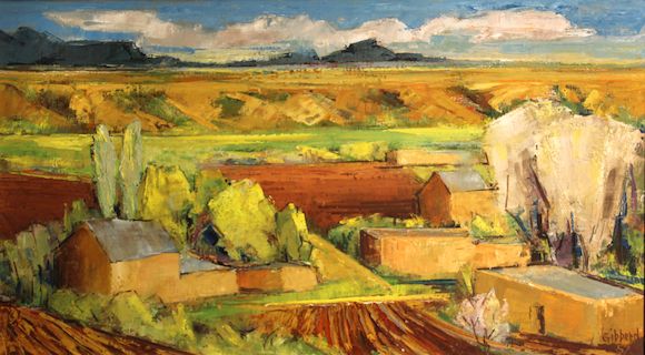 Bonhams : Eric Gibberd (American, 1897-1972) Taos in spring, 1957 20 x 36in