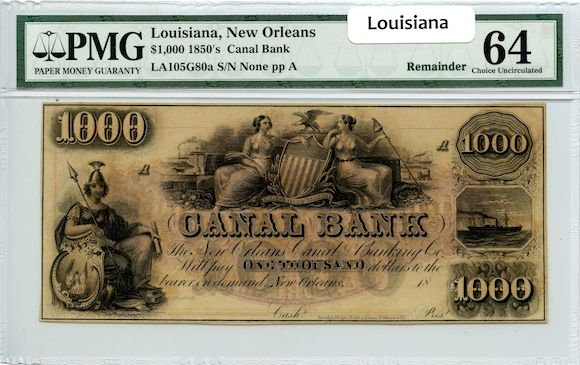 Bonhams : New Orleans, LA, The Canal Bank $1,000 (1850s) PMG 64
