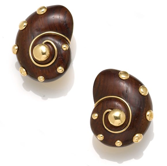 Bonhams : A pair of carved wood and eighteen karat gold spiral shell ...