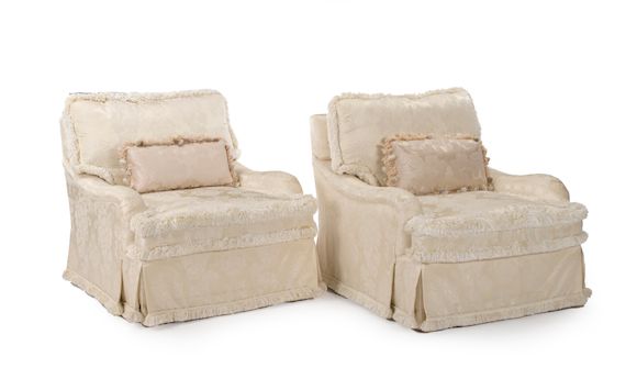 Bonhams : A pair of Contemporary ivory brocade silk upholstered club chairs