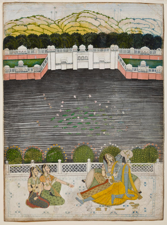 Bonhams Krishna And Radha On A Lake Terrace Opaque Watercolor On