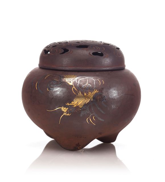 Bonhams : An inlaid tripod iron koro (incense container) Taisho/Showa ...
