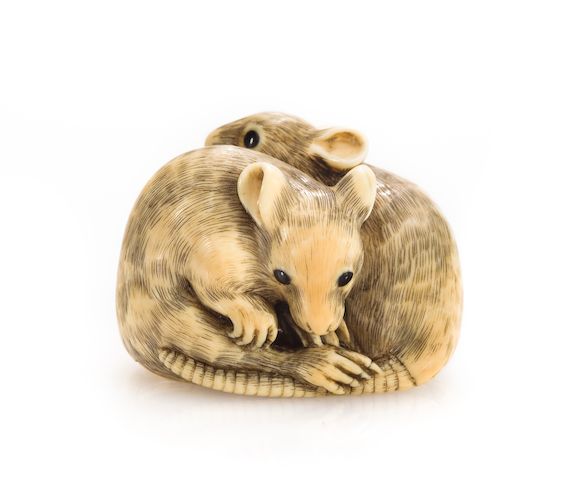 Bonhams : A Kyoto-school ivory netsuke of two mice By Okatori, Edo ...