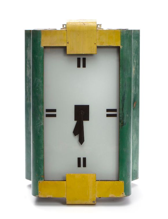 Bonhams : A green and yellow painted tank wall clock
