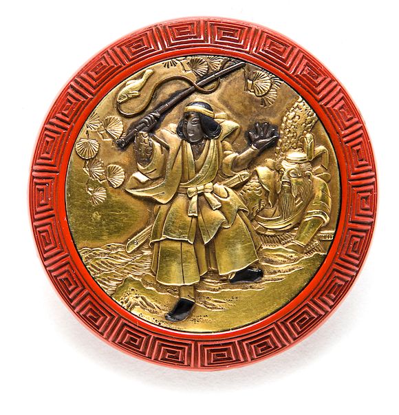 Bonhams : A red-lacquer kagamibuta netsuke Edo period (19th century)