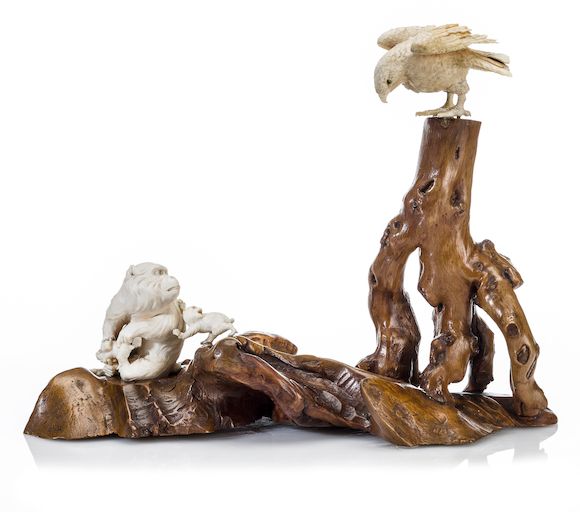 Bonhams : An ivory figural group of monkeys and a hawk Meiji period ...