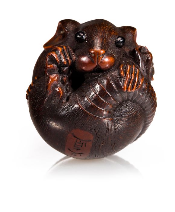 Bonhams : A stained wood netsuke of a mouse By Masanao of Ise, Edo ...