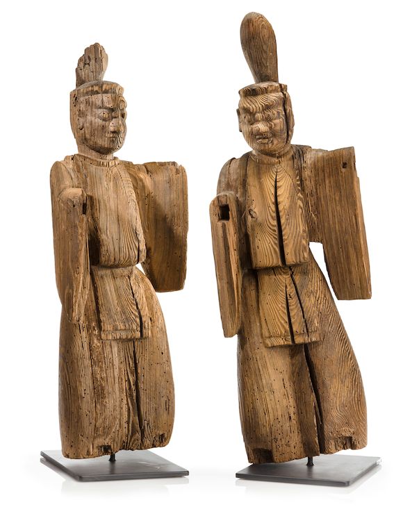 Bonhams : A pair of wood shinzo sculptures Nanbokucho period (14th century)