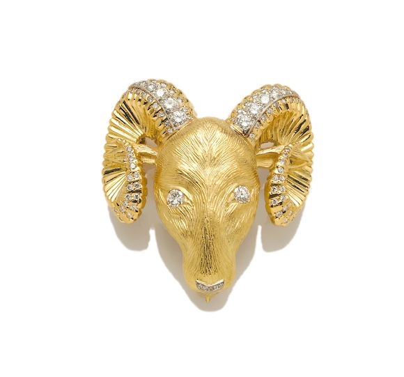 Bonhams : A diamond ram's head pendant/brooch