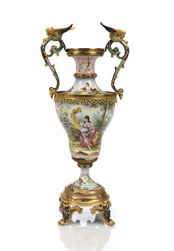 Bonhams : A Viennese style gilt metal mounted enamel two-handled vase