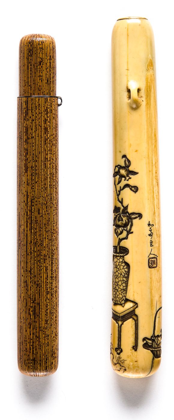 Bonhams : A bamboo and lacquer pipe case Edo period (19th century)