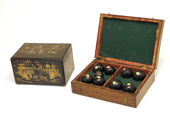 Bonhams : A set of billiard balls in oak case and a Chinoiserie gold ...