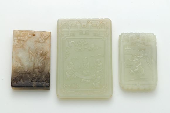 Bonhams : A group of three jade rectangular pendants