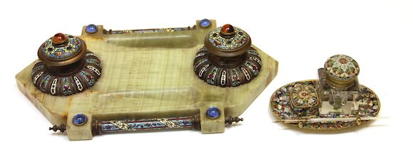Bonhams : A French champlevé enamel, bronze, paste jewel and green onyx ...