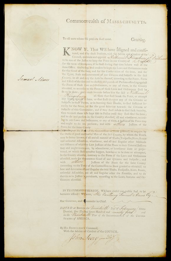 Bonhams : ADAMS, SAMUEL. 1722-1803. Document Signed ("Samuel Adams"), 1 ...