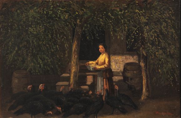 Bonhams : William Hahn (American, 1829-1887) Feeding the turkeys 10 x 15in