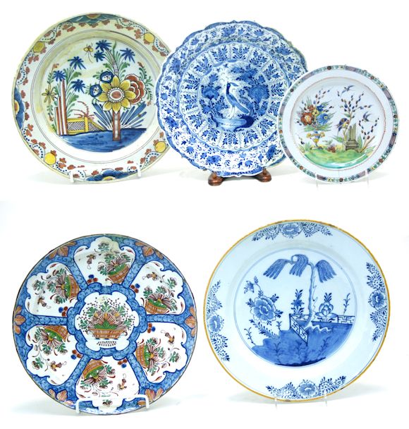 Bonhams : Four Dutch Delft chargers and a plate second half 18th century