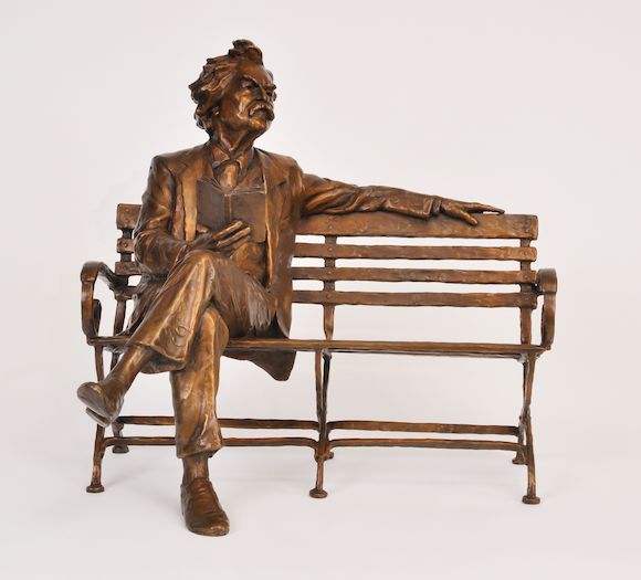Bonhams : A patinated bronze sculpture of Mark Twain on a park bench by ...