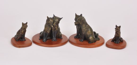 Bonhams : A group of four patinated bronze sculptures of seated foxes ...
