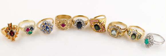 Bonhams : A collection of nine gem-set, diamond and 14k gold rings