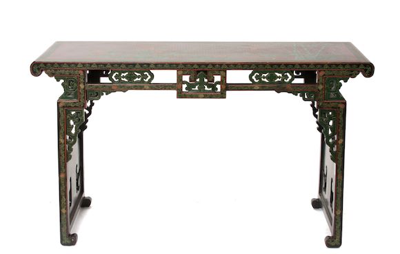 Bonhams : A polychrome decorated lacquered wood table with incised ...