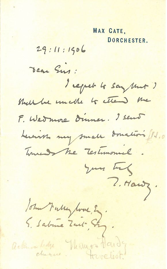 Bonhams : HARDY, THOMAS. 1840-1928. Autograph Letter Signed ("T. Hardy,"),