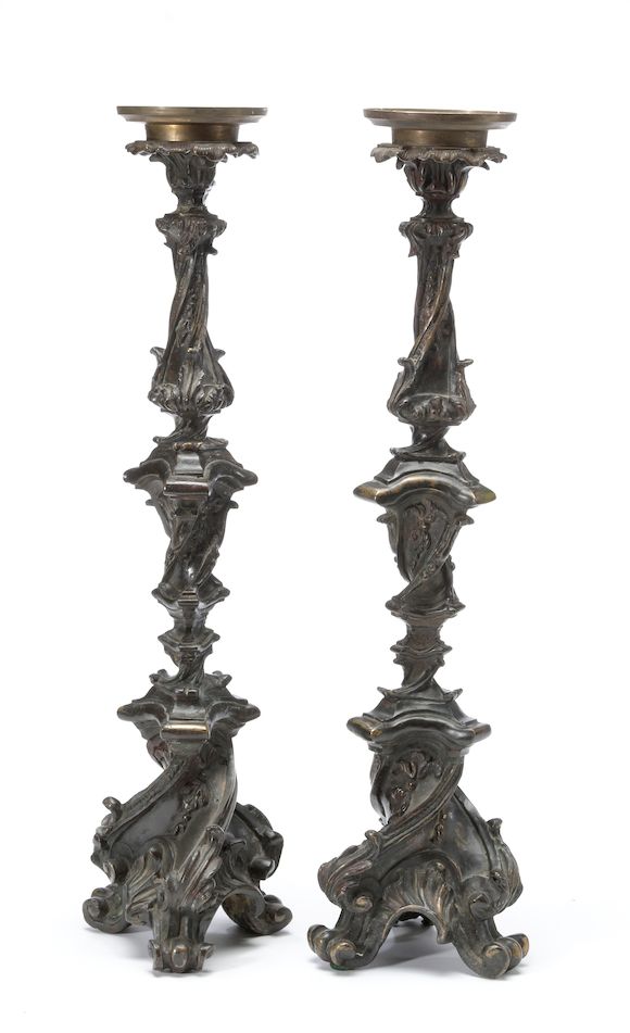 Bonhams : A pair of Baroque style patinated bronze candle torchères19th ...